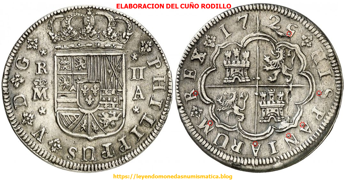 2 Reales 1725 Felipe V. A. Madrid. Acuñación a Molino. Puntos en ...