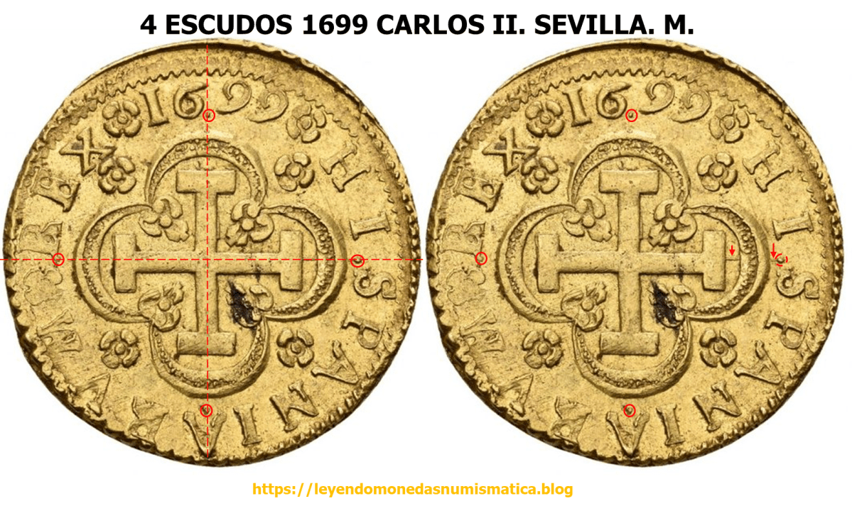 4 ESCUDOS 1699 CARLOS II. M. SEVILLA. – LEYENDO MONEDAS/NUMISMATICA
