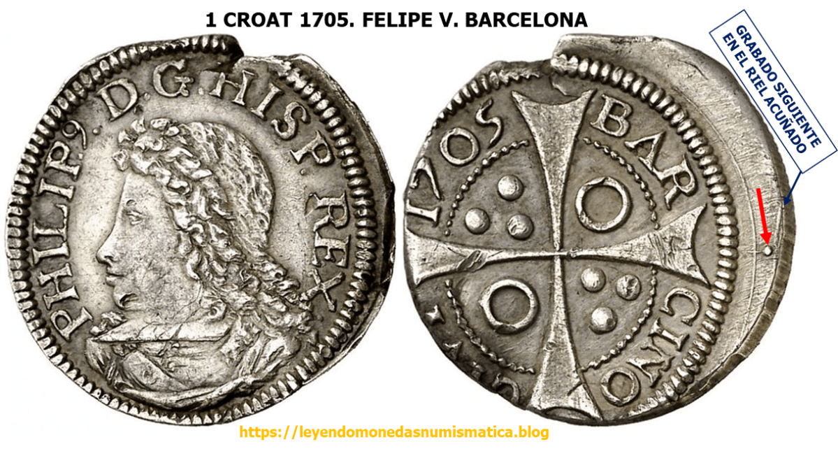 1 Croat 1705. Felipe V. Barcelona. Punto entre Grabados. Acuñación a ...