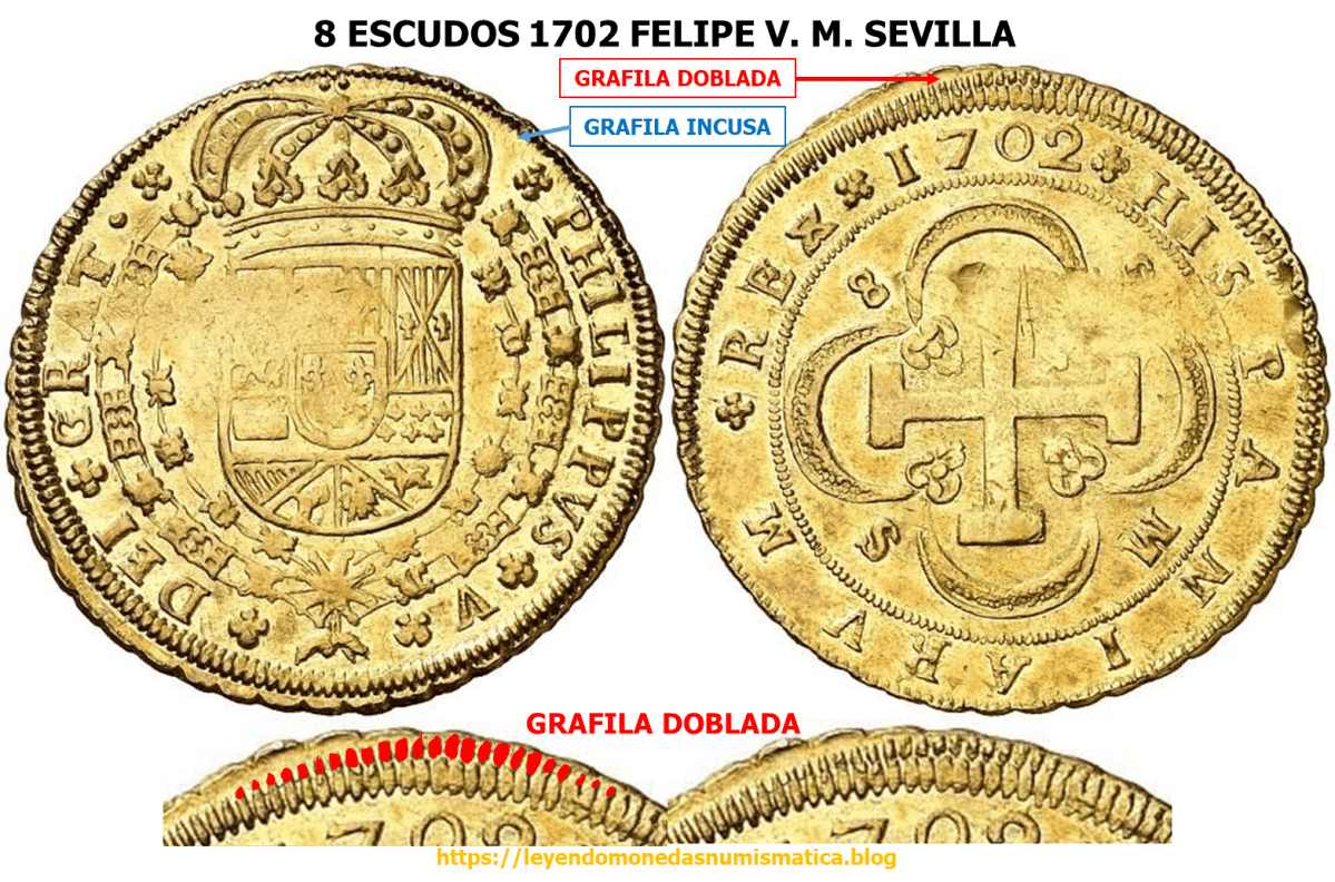 8 ESCUDOS 1702. FELIPE V. SEVILLA. GRAFILA DOBLADA. – LEYENDO MONEDAS ...