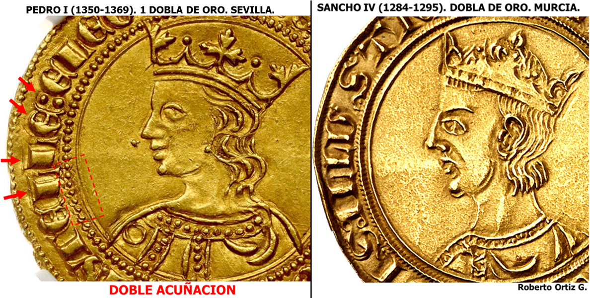 Dobla de oro. Sancho IV. Murcia. Textura del metal y Doble Acuñacion ...