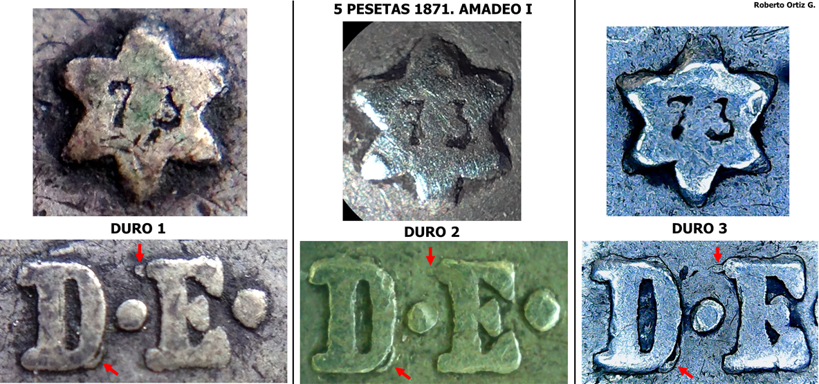 5 PESETAS 1871*18-73. AMADEO I. Tres Duros con misma rectificación de ...